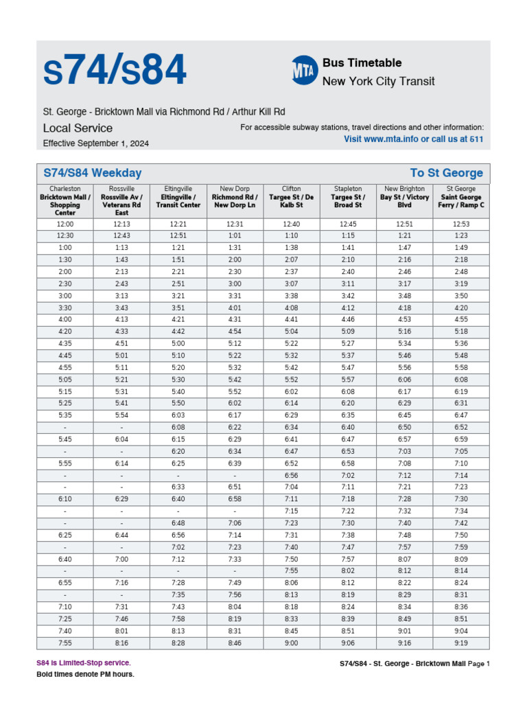 MTA S74 S84 Bus Timetable 20240901 | PDF | Bus Transport | Rapid Transit