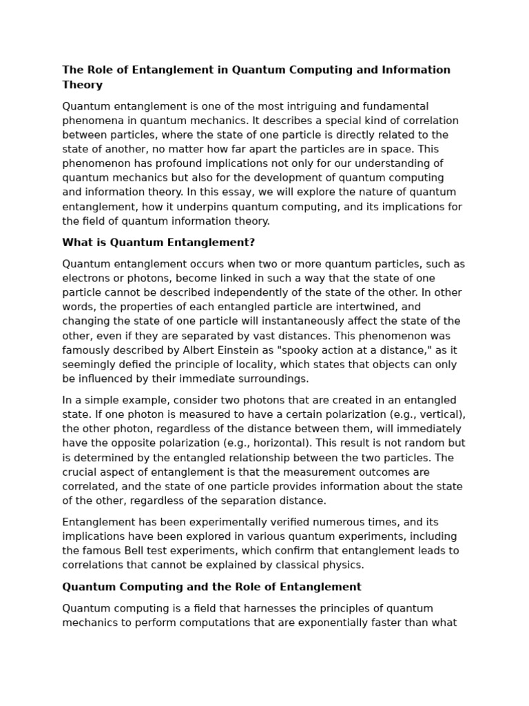 The Role of Entanglement in Quantum Computing and Information Theory ...