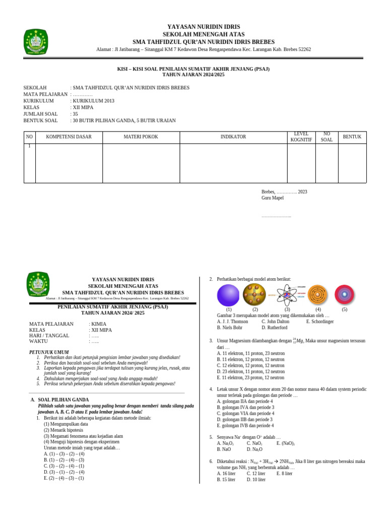Kisi-Kisi PSAJ Kimia Kelas XII MIPA 2024/2025 | PDF