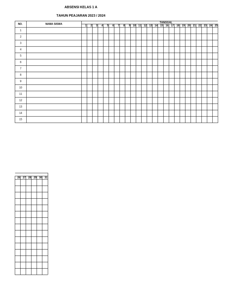 FORMAT ABSEN KELAS 1 A TP. 23 - 24 | PDF