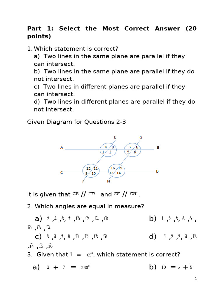 Test - Parallel line (40point) | PDF | Angle | Geometric Measurement