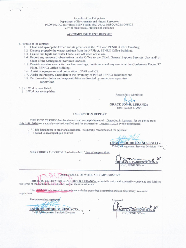 Accomplishment - Janitorial Luranza | PDF