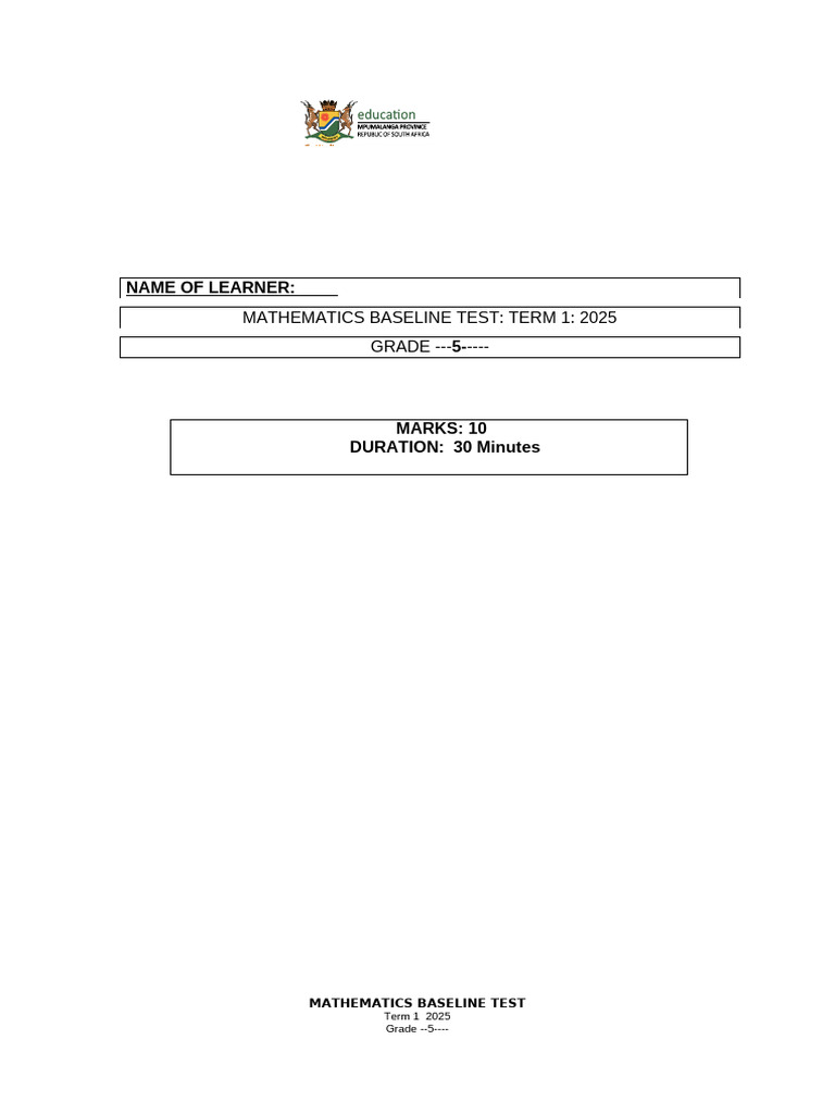 5th Grade Math Baseline Test 2025 | PDF | Mathematics