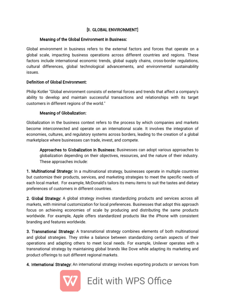 Global Environment Notes | PDF | Multinational Corporation | Franchising