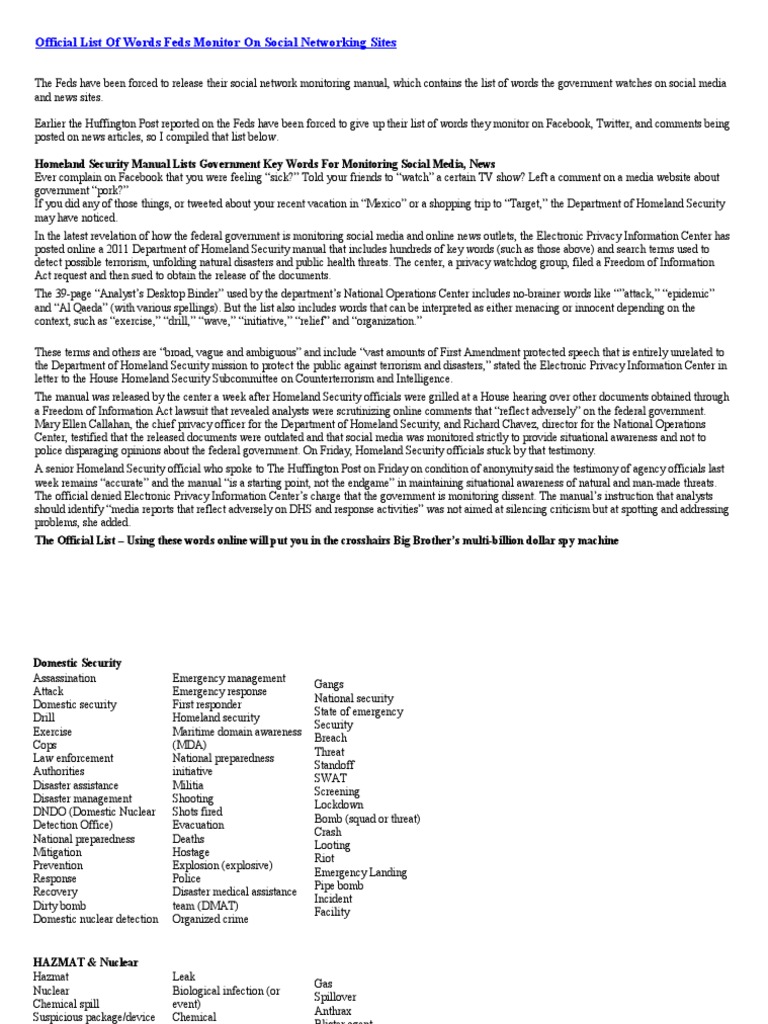 Official List of Words Feds Monitor On Social Networking Sites | PDF ...