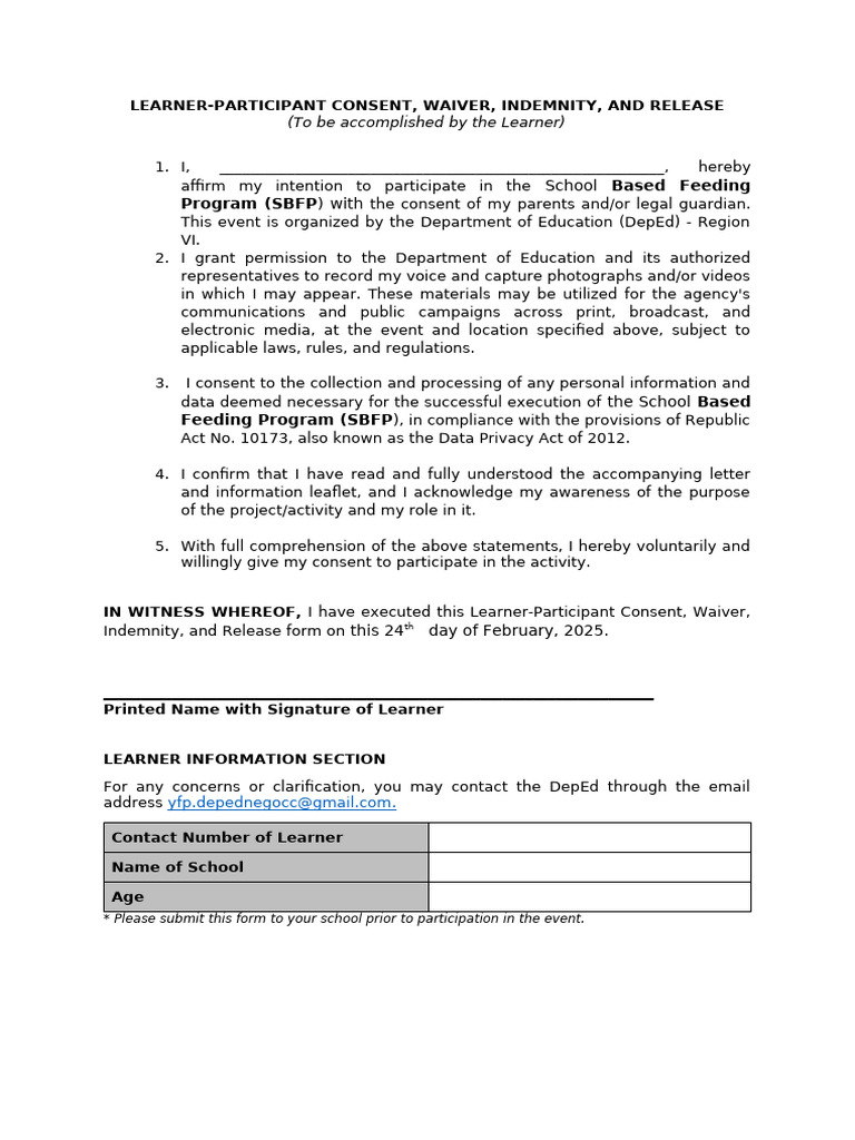 Learner Participant Consent Waiver Indemnity and Release Form | PDF