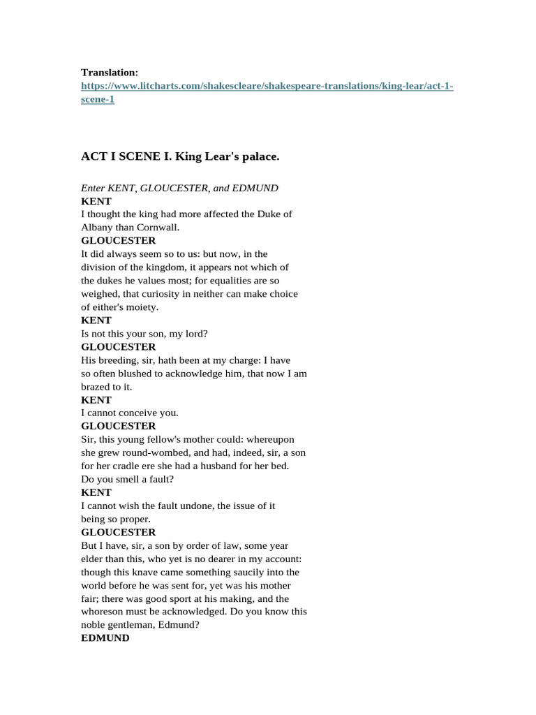 Lear Act 1 Scene 1 | PDF | King Lear | Shakespearean Tragedies