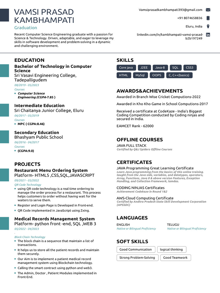 K.vamsi Resume | PDF | Java (Programming Language) | Java Script