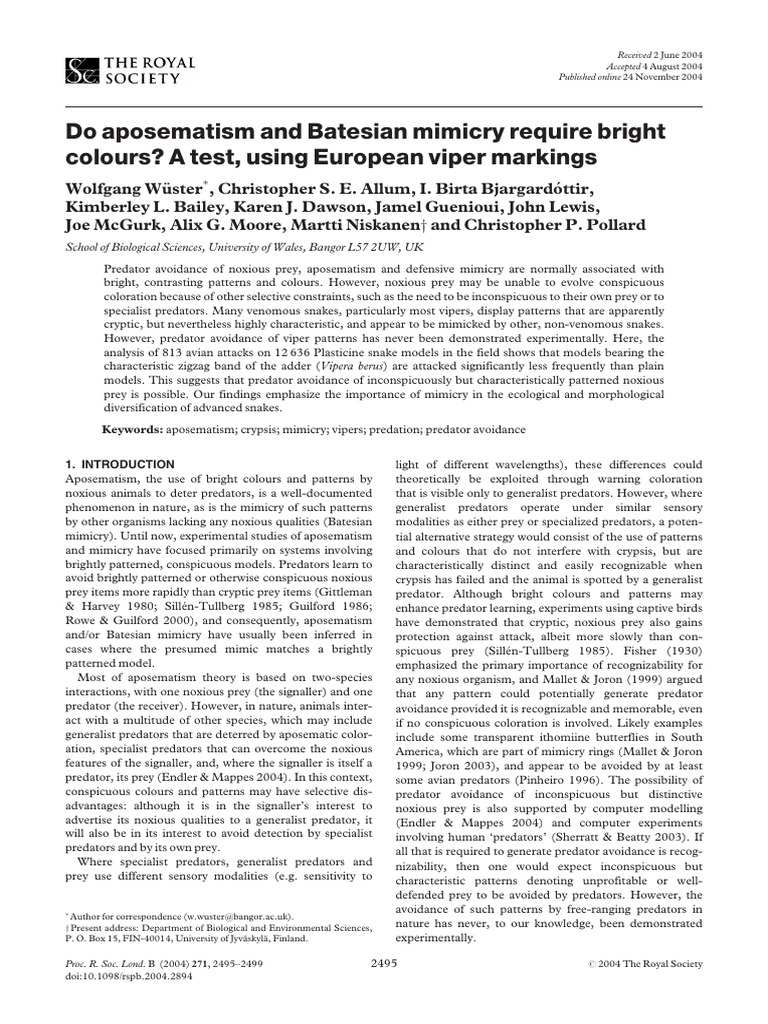Do Aposematism and Batesian Mimicry Require Bright Colours, A Test ...