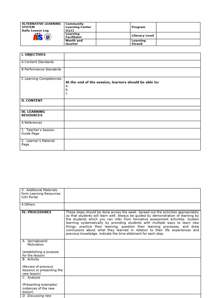 ALS Daily Lesson Plan Format | PDF | Learning | Cognition