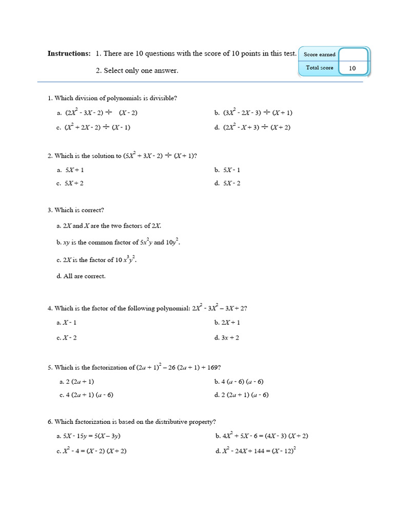 Test - Factoring Secondergree Polynomial | PDF