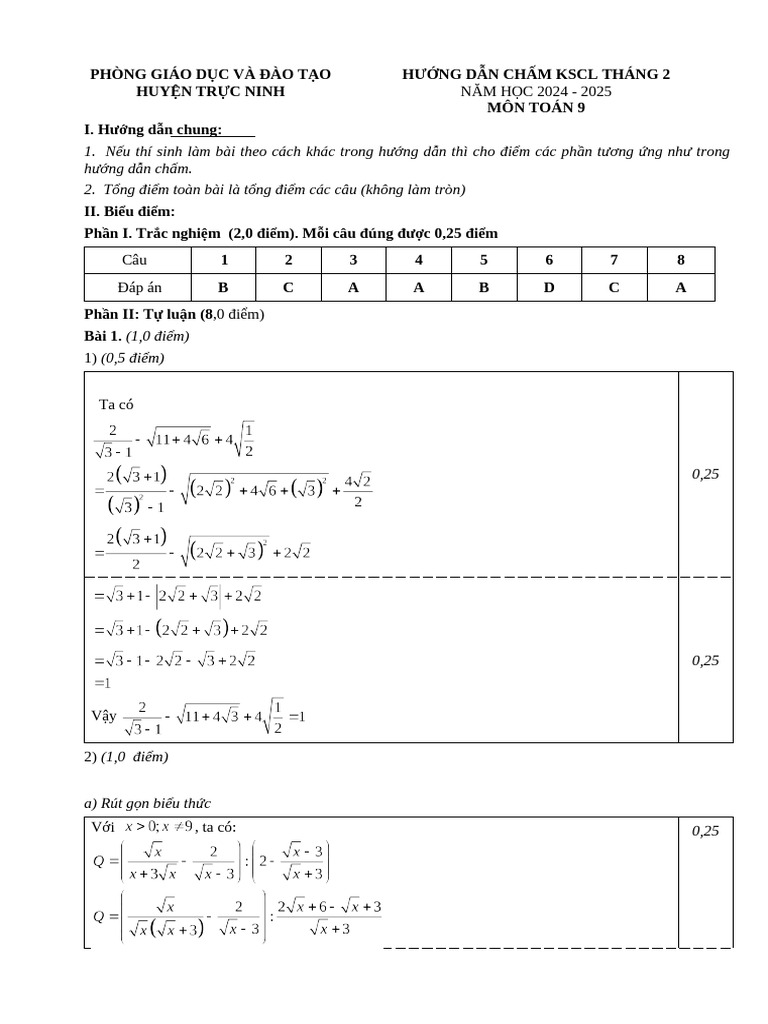 HDC - TOAN 9 - ThÃ¡ng 2 - NH 2024-2025 | PDF