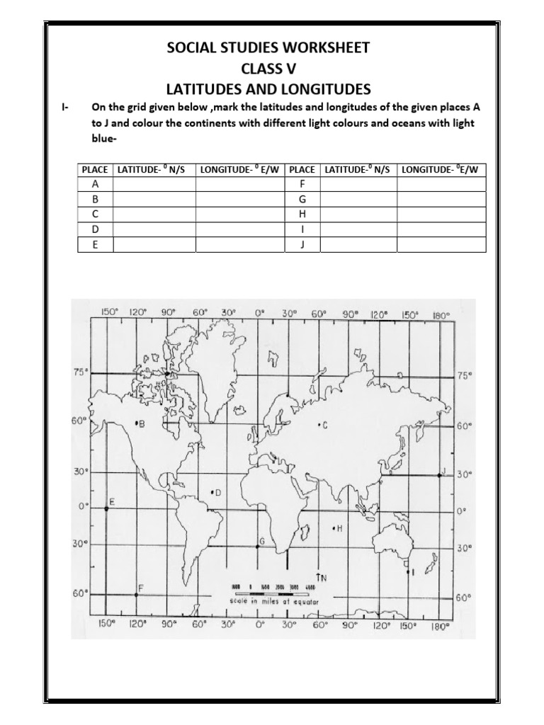 Class V Social Studies: Latitudes & Longitudes Worksheet | PDF ...