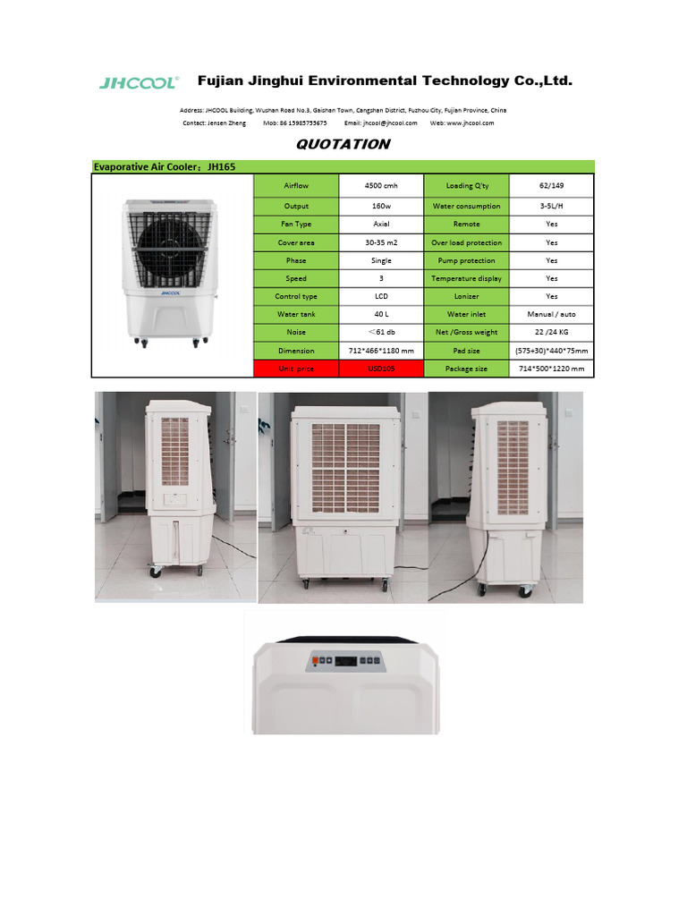 JHCOOL Air Cooler Quotation of JH165 | PDF