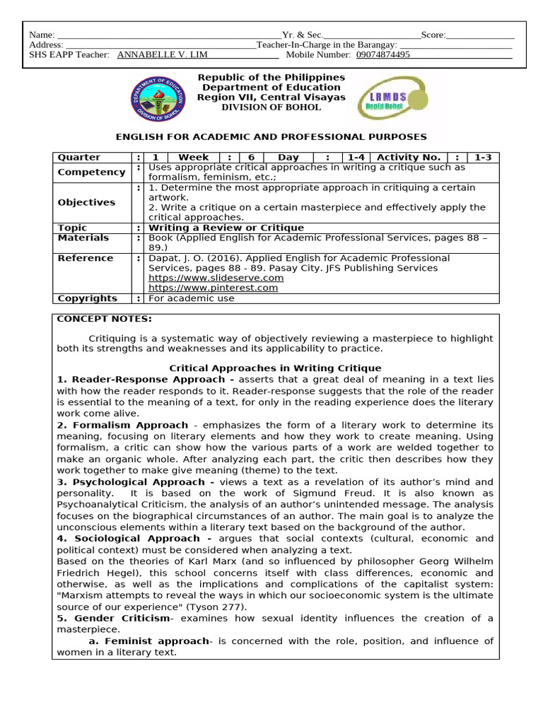 SHS Eapp Q1 Las WK6 Day1-4 | PDF | Evaluation | Unconscious Mind