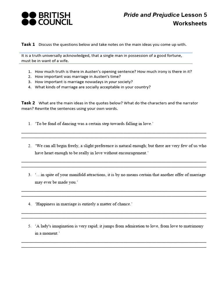 Pride and Prejudice Lesson 5 Worksheets | PDF | Linguistic Morphology ...