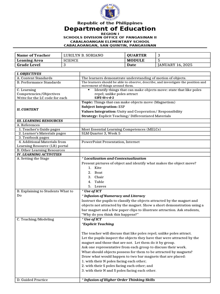 Cot 1 Luri Science | PDF | Magnet | Teachers