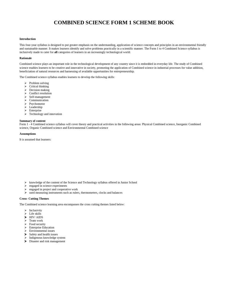Comb Science Schemes of Work Form 1 2025 V MLILO | PDF | Science ...