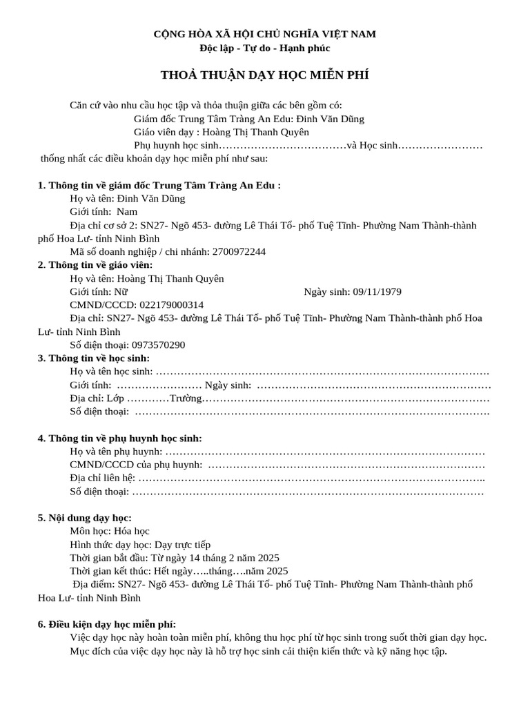 Thỏa thuận dạy học miễn phí | PDF