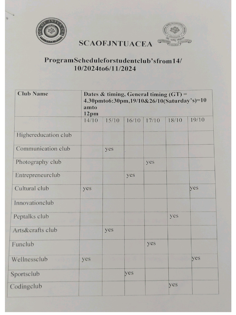 Students Clubs Schedule | PDF