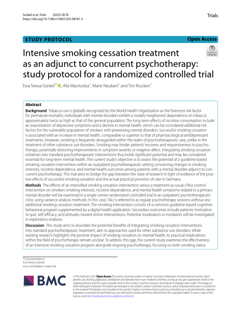 Intensive Smoking Cessation Treatment As An Adjunct To Concurrent Psychotherapy: Study Protocol ...