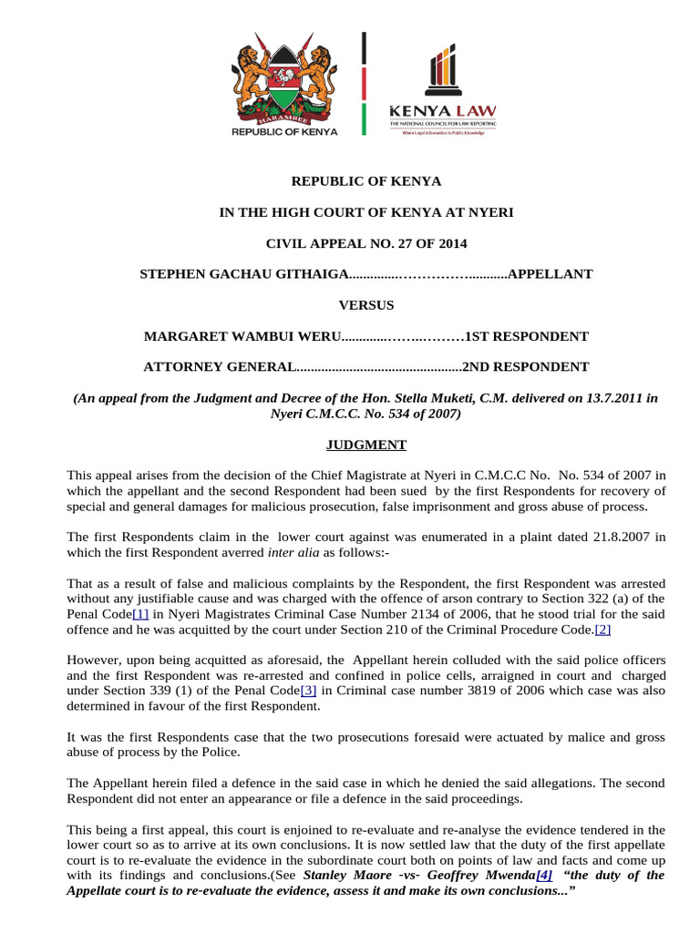 Kenya High Court Appeal on Malicious Prosecution | PDF | Prosecutor ...
