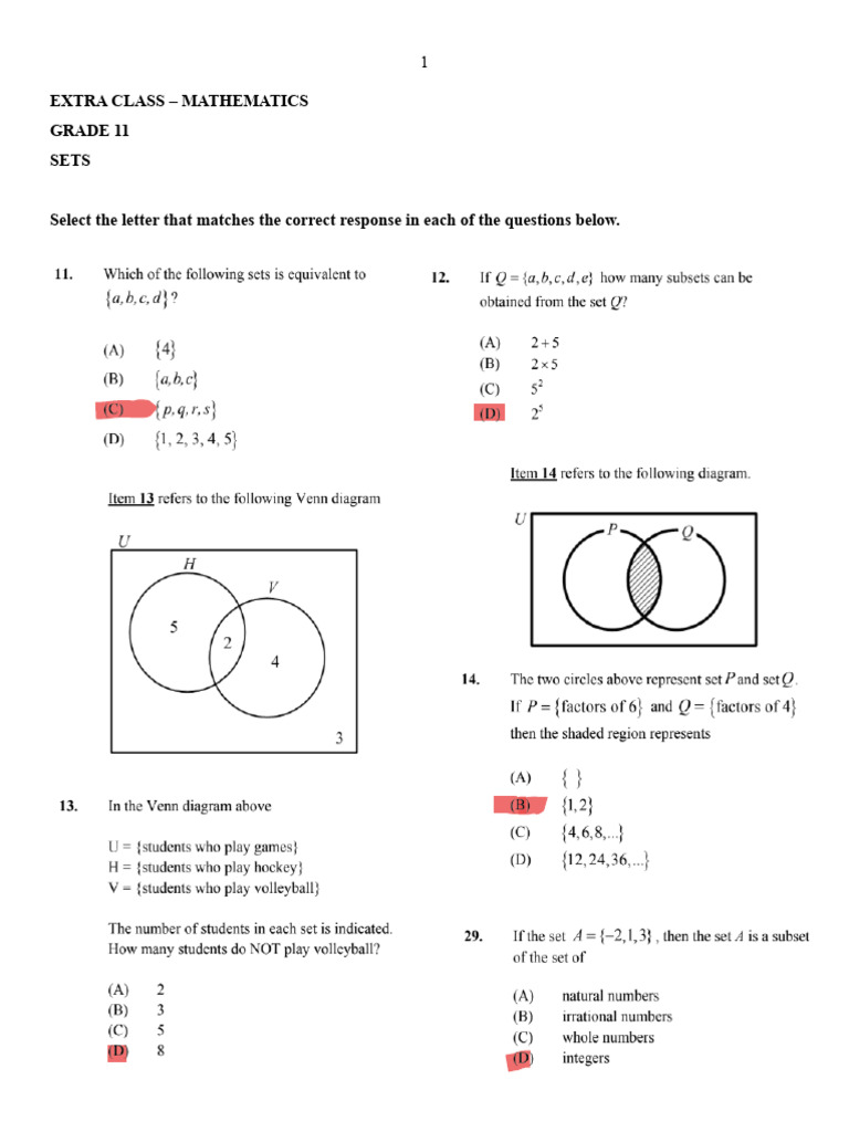 SETS - MCQ ANSWERS | PDF