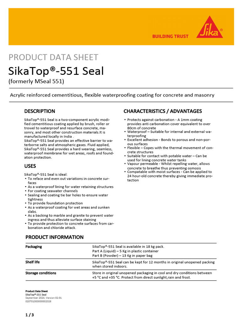 Pds Sikatop 551seal | PDF | Concrete | Water