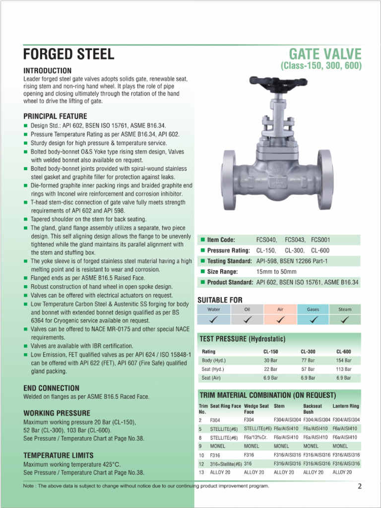 fcs001 Forged Steel Gate Valve Class 600 Flanged | PDF