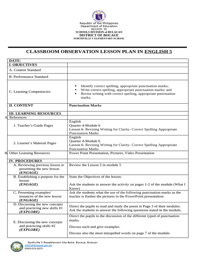 English 5 Lesson Plan: Punctuation Marks | PDF | Lesson Plan ...