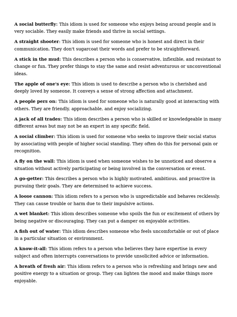 List and Definitions of Personality Idioms | PDF | Cognition ...