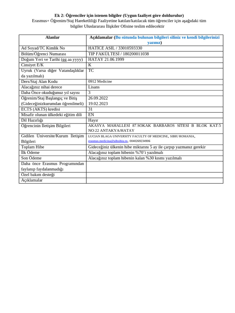 Ögrenci Bilgi Formu HATİCE ASIL | PDF