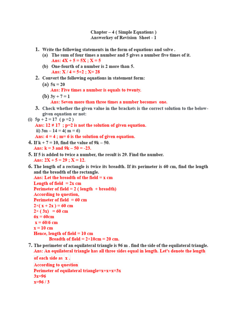 Simple Equations Answer Key | PDF | Length | Elementary Geometry