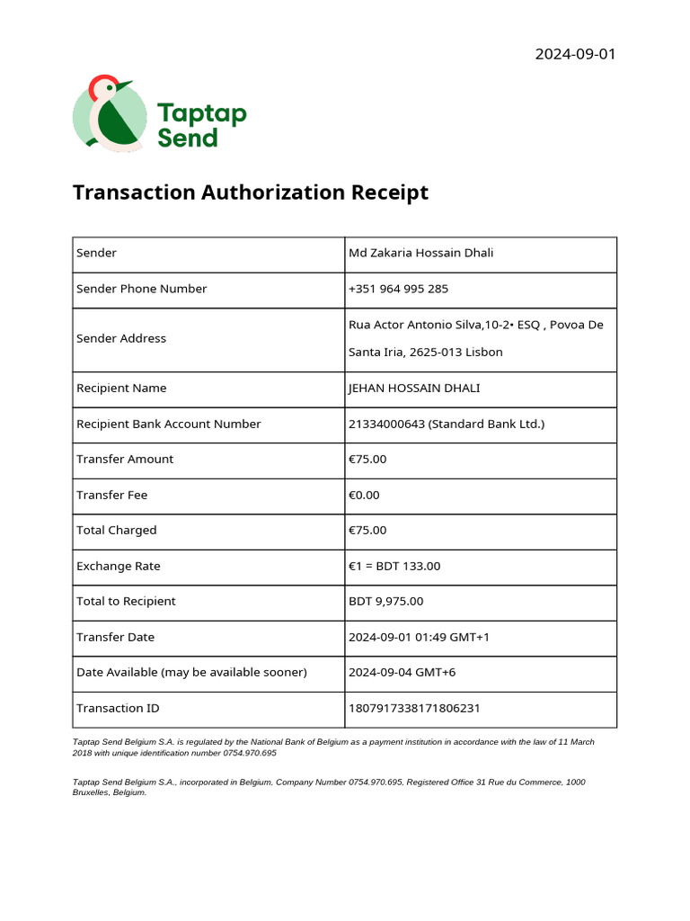 Transaction Authorization Receipt | PDF