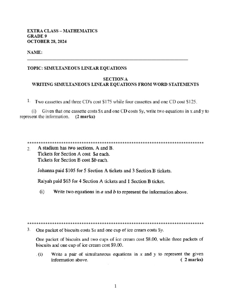 Grade 9 Simultaneous Equations Worksheet | PDF