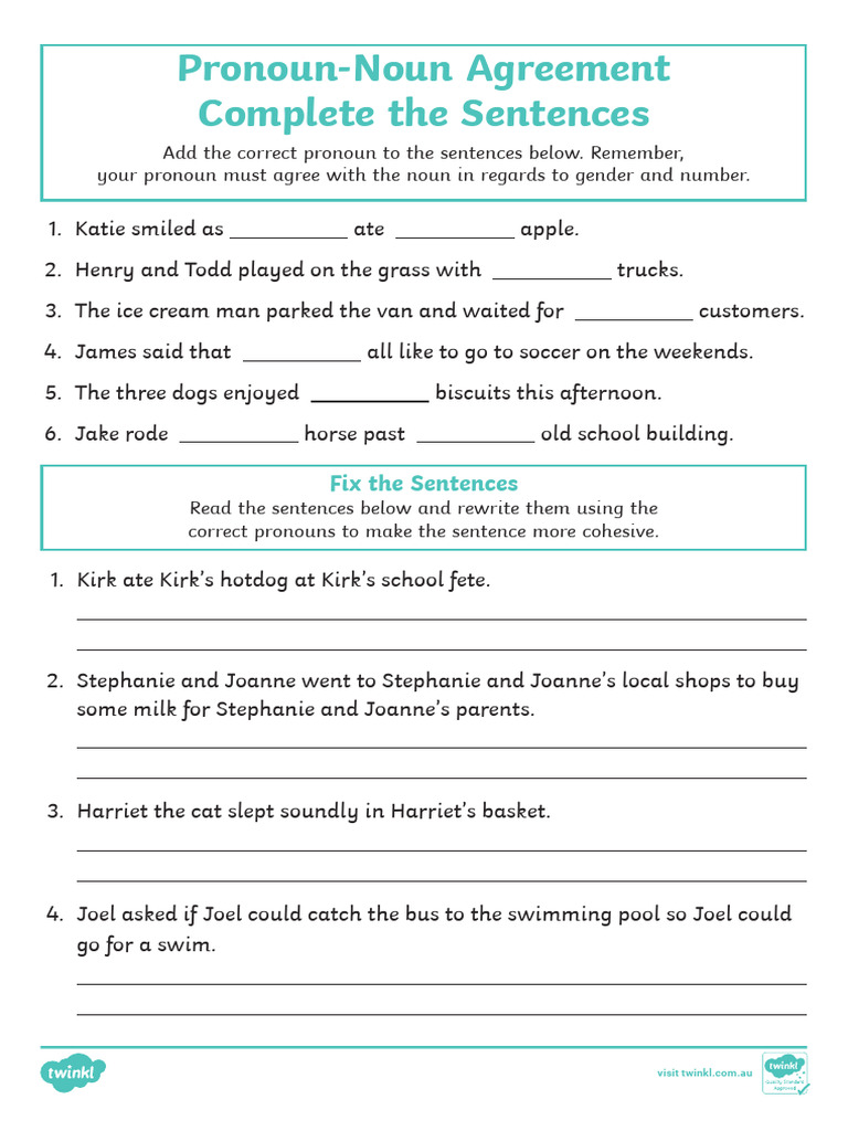 Au L 2549191 Complete The Sentences Noun Pronoun Agreement Worksheet ...