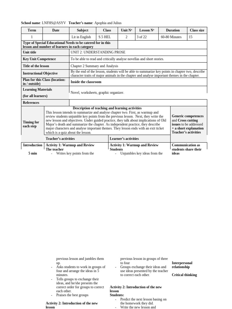 Lesson 3 - Chapter Two Lesson Plan | PDF | Lesson Plan | Human Communication