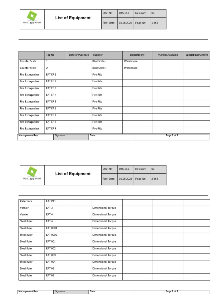 Equipment Inventory List 2023 | PDF