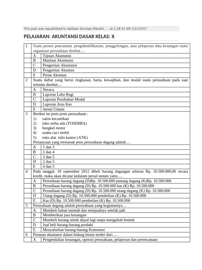 Soal PTS Ganjil 2022-2023 - Mata Pelajaran Akuntansi Dasar - Kelas X | PDF