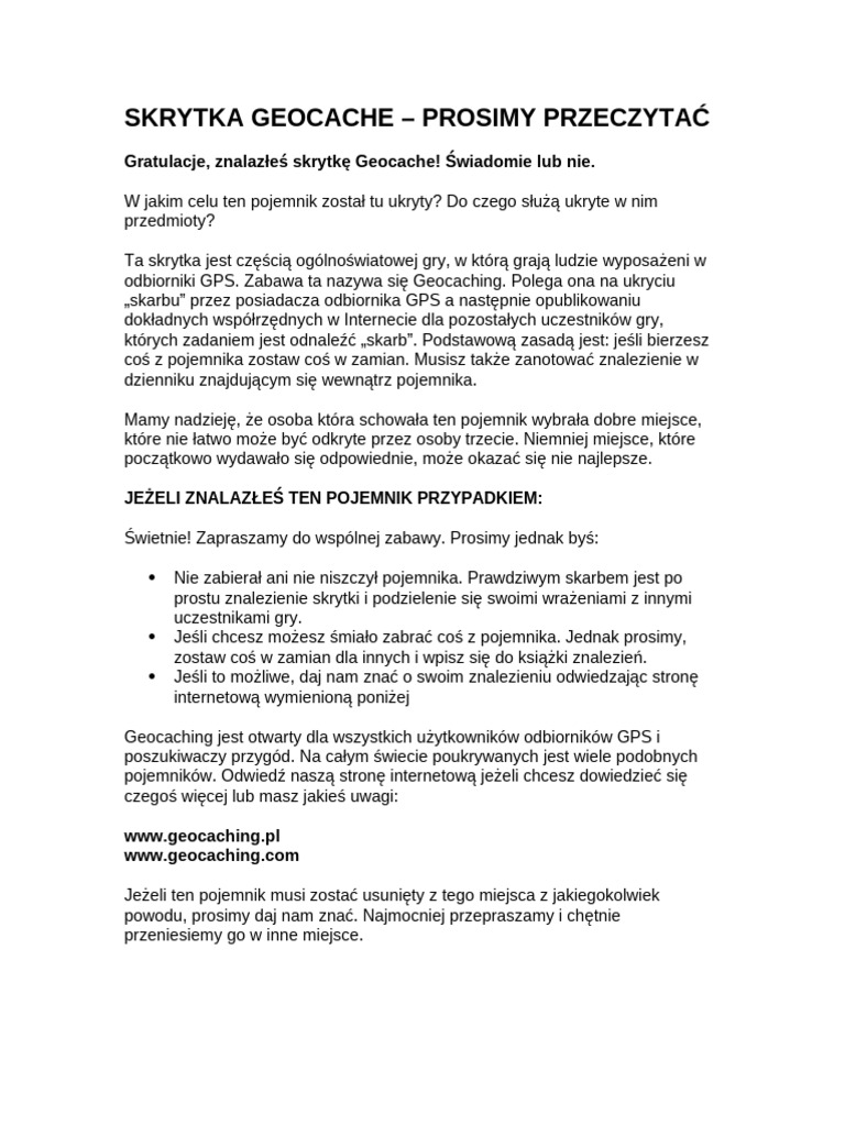 Geocaching Polska Cache Note Polish | PDF