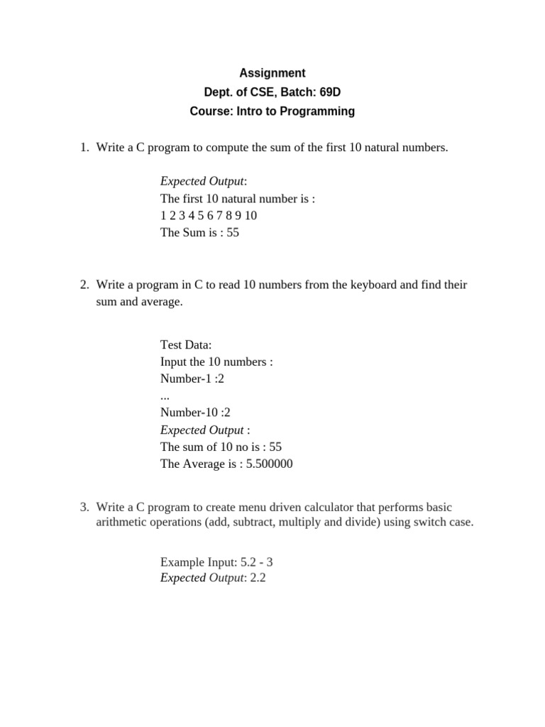 C Programming Assignment: Sum & Calculator | PDF