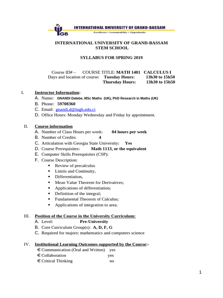 IUGB Syllabus MTH 1401 Calculus1 Sum 2020 | PDF | Derivative | Integral