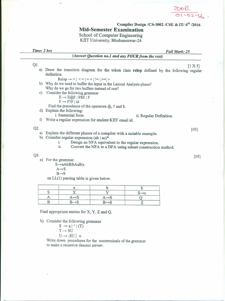 KIIT Compiler Design 2016 Mid | PDF