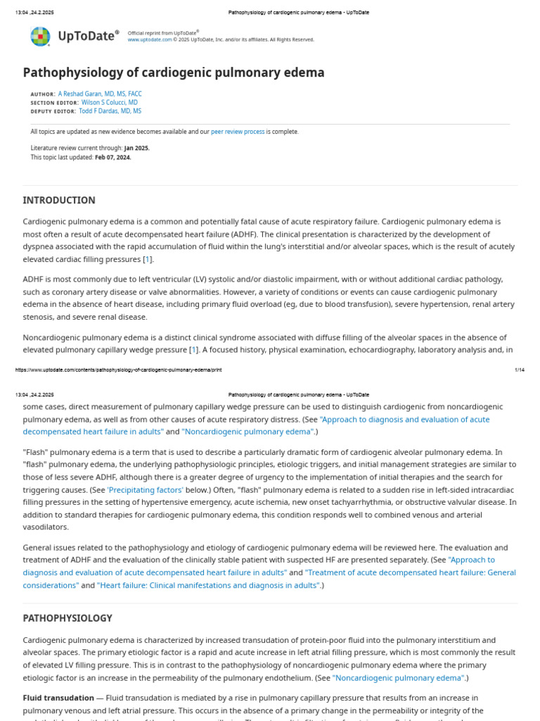 Pathophysiology of Cardiogenic Pulmonary Edema - UpToDate | PDF | Heart ...