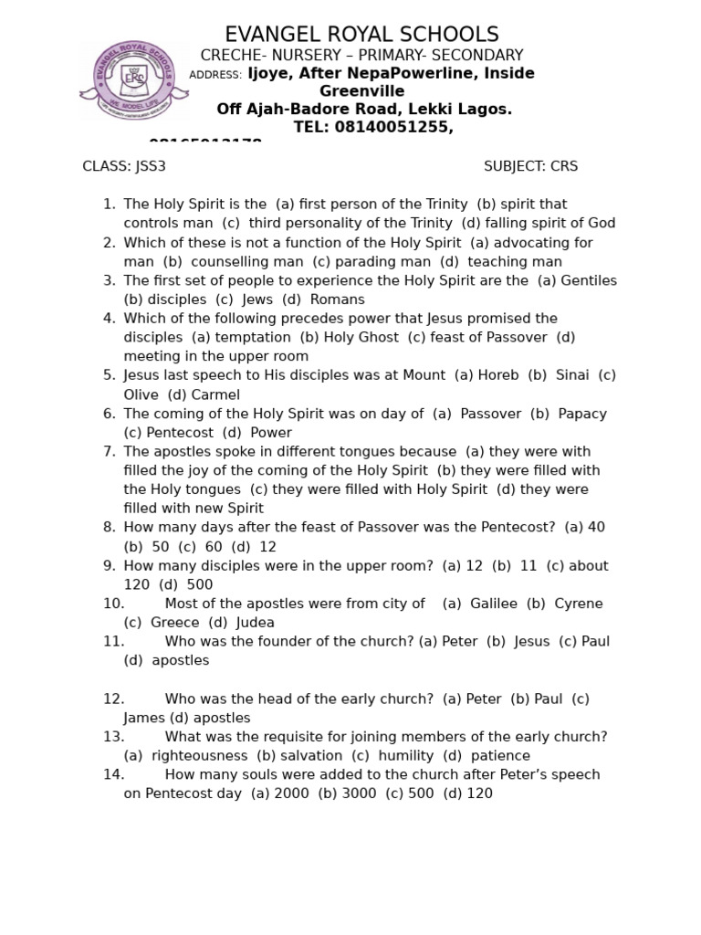 JSS3 CRS First Term Exam Questions | PDF | Paul The Apostle | Saint Peter