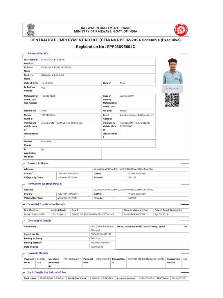 Rrbapply - Gov.in # Pscexamservice Candidate View Application Id ...