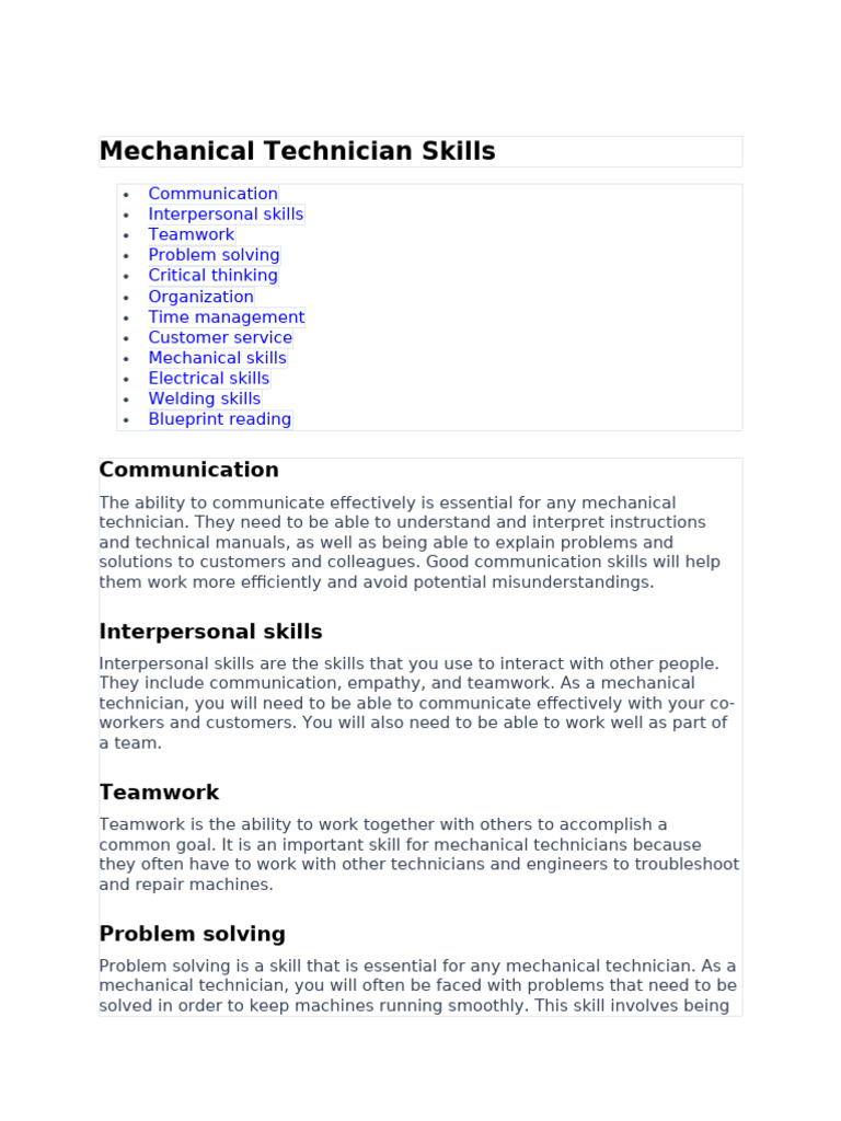 Mechanical Technician Skills | PDF | Critical Thinking | Skill