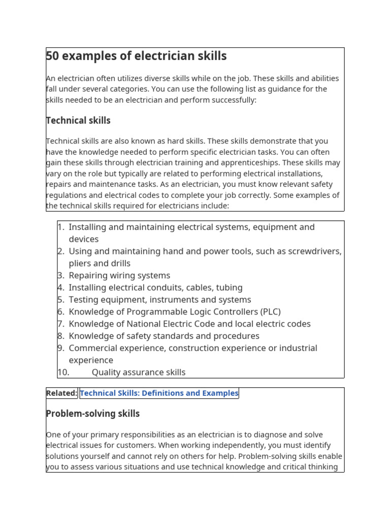 50 Examples of Electrician Skills | PDF | Electrician | Skill
