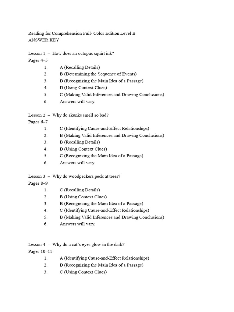 Answer Key Reading For Comprehension Full - Color Edition Level B | PDF ...