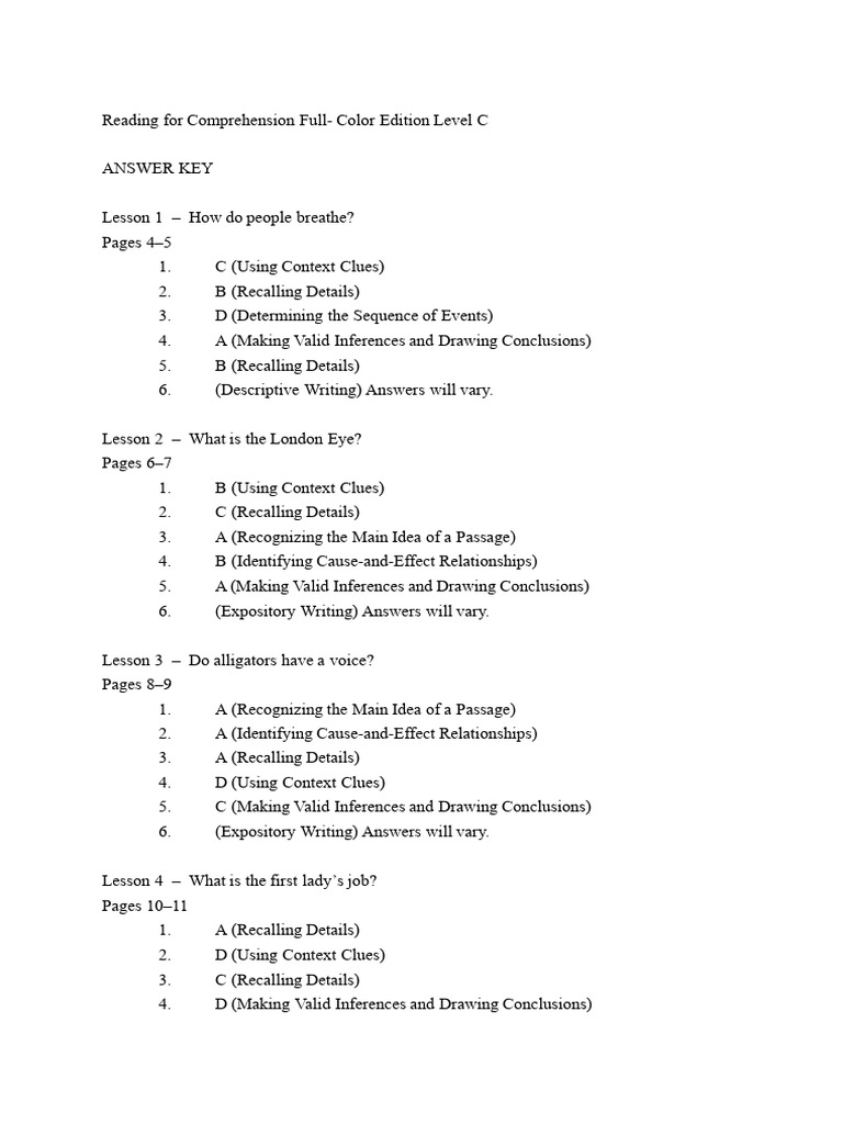 Answer Key Reading For Comprehension Full - Color Edition Level C | PDF | Inference | Causality
